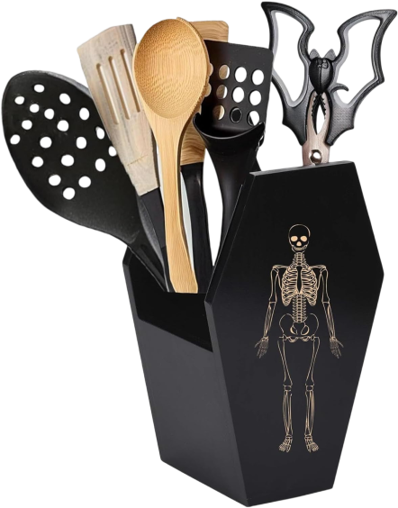 Halloween Wooden Utensil Holder – Spooky Kitchen Decor for Bats, Skull